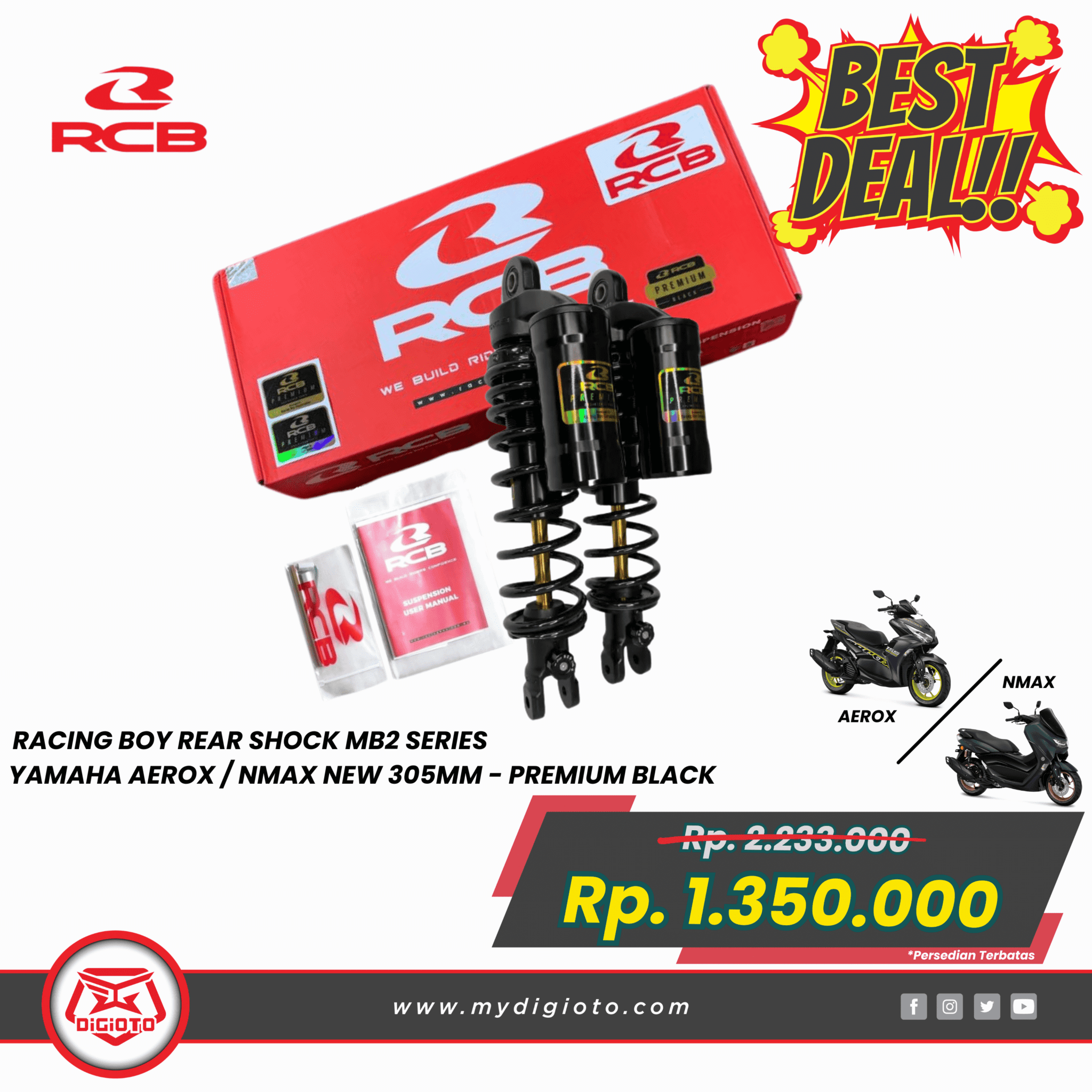 Garage Sale : RCB REAR SHOCK MB2 SERIES YAMAHA MIO 305MM - PREMIUM BLACK