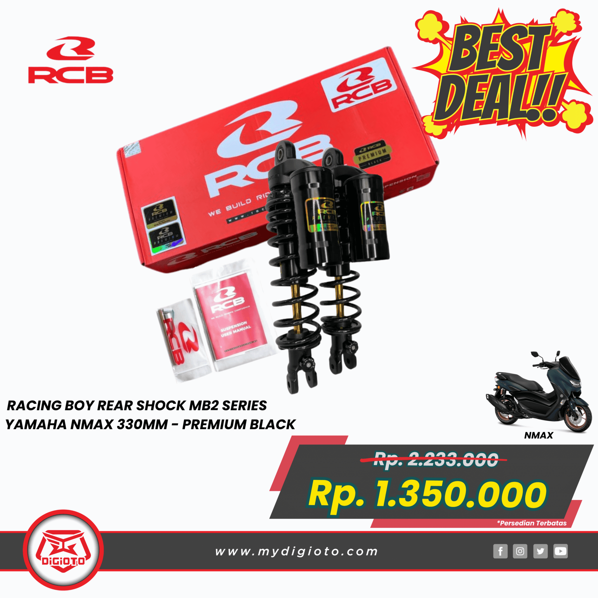 Garage Sale : RCB REAR SHOCK MB2 SERIES YAMAHA NMAX 330MM - RED